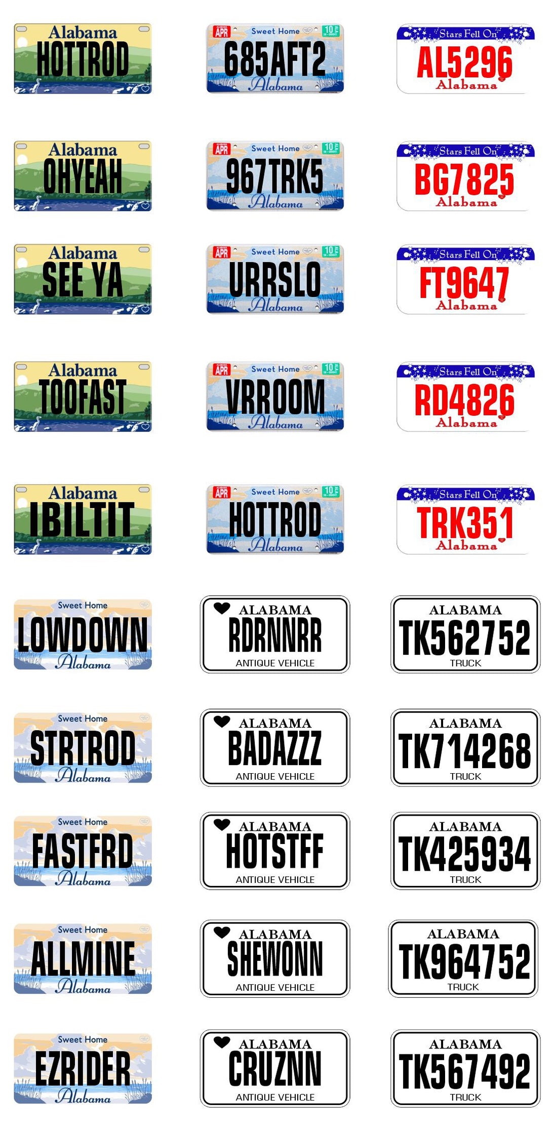 Alabama License Plate Assortment for 1:24 1:25 scale models – STSDecals