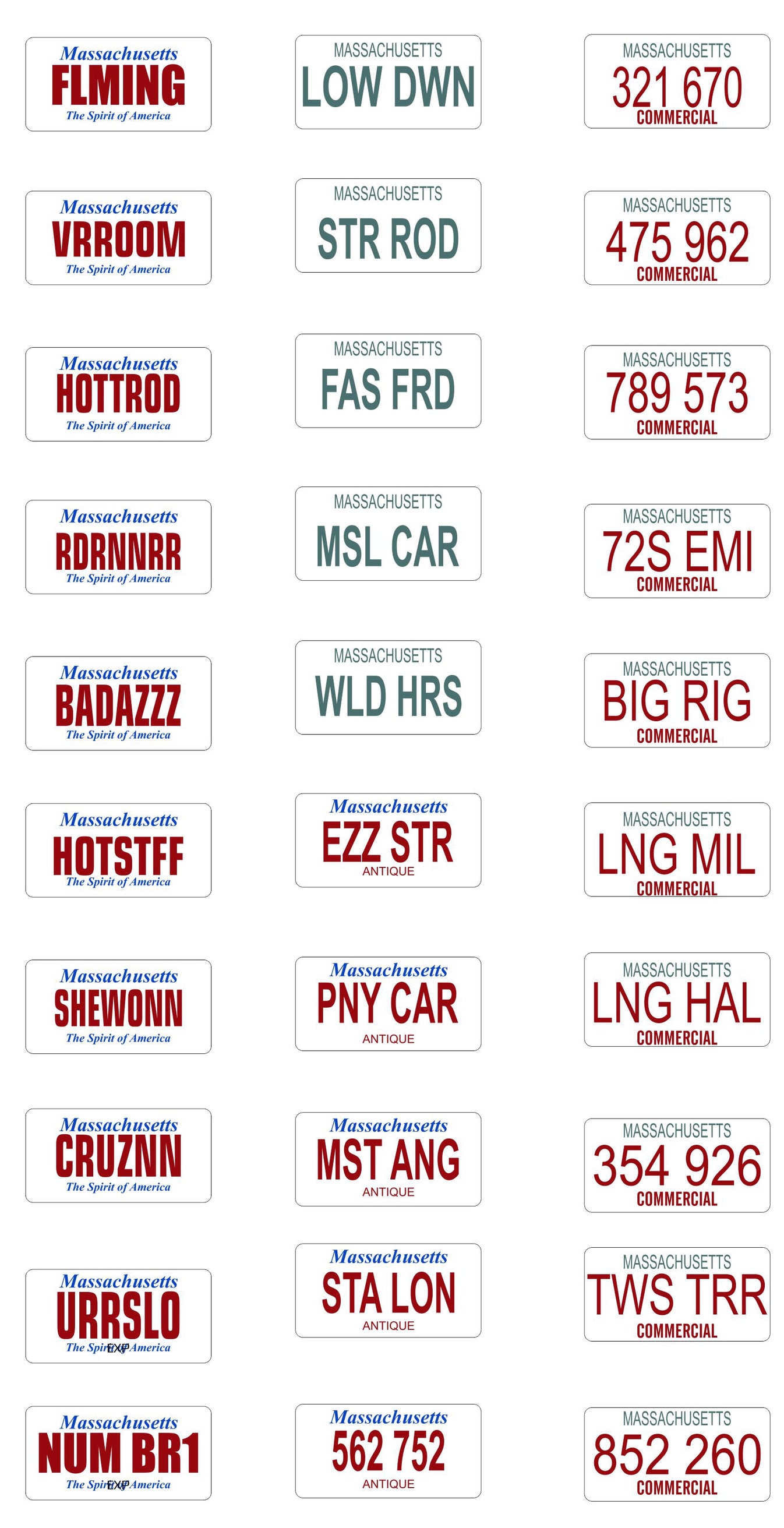 Massachusetts License Plate Assortment for 1:24 1:25 scale models ...